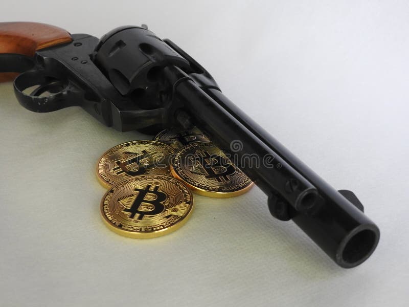 Bitcoins and revolver stock image. Image of black, gold - 94315045
