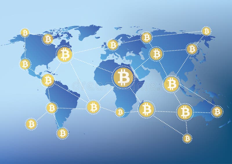 Bitcoins on World Map Illustration - Global Money Transfer Stock Vector ...