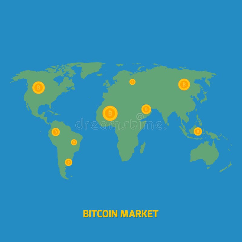 Bitcoins on World Map Illustration - Money Transfer Stock Vector ...