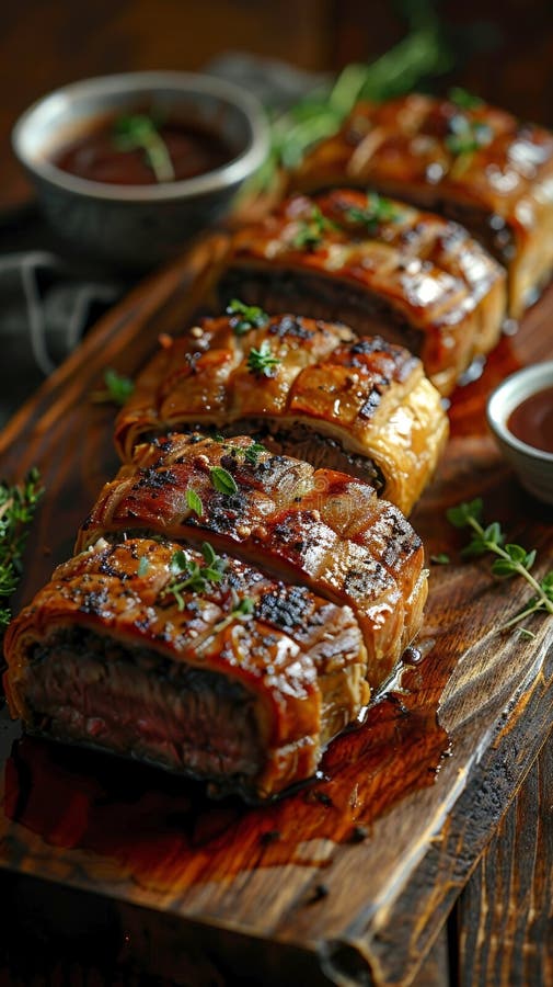 Bite-sized Beef Wellington on a Rustic Board with Dipping Sauce and ...