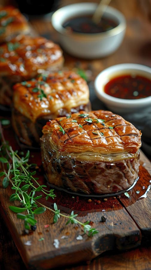 Bite-sized Beef Wellington on a Rustic Board with Dipping Sauce and ...