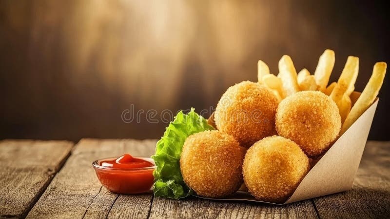 Bite-sized Fish Fried until Crispy, Accompanied by French Fries and ...