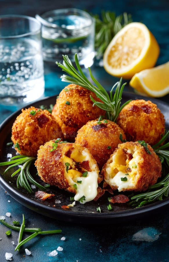 Bite-Sized Fried Croquettes with Cheddar, Bacon, and Chives Stock Photo ...