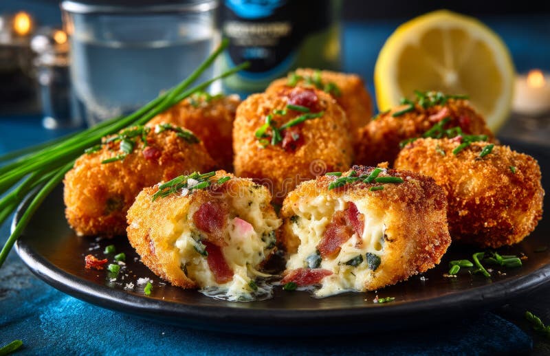 Bite-Sized Fried Croquettes with Cheddar, Bacon, and Chives Stock Image ...