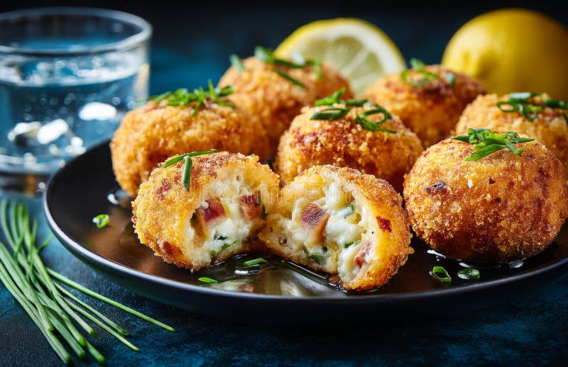 Bite-Sized Fried Croquettes with Cheddar, Bacon, and Chives Stock Photo ...