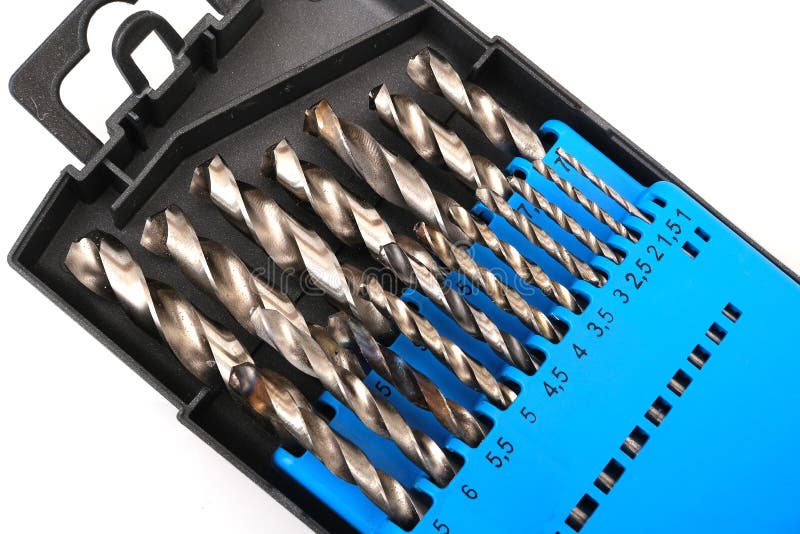 Bits De Taladro En El Caso Aislado En Fondo Blanco Foto de archivo ...