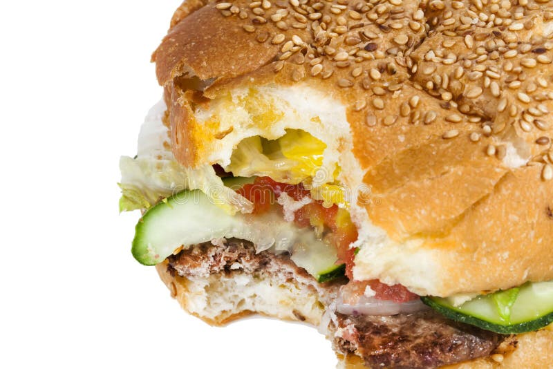 Bitten Burger with Meat and Vegetables Stock Photo - Image of fast ...