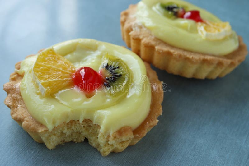 Bitten Off a Cake Panna Cotta with Fruits in Baskets Stock Photo ...