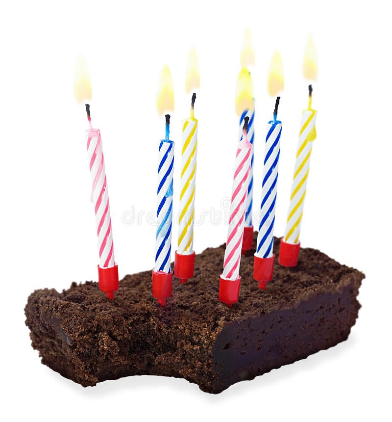 Bitten Piece Of Birthday Cake With Burning Candles Stock Photo - Image ...