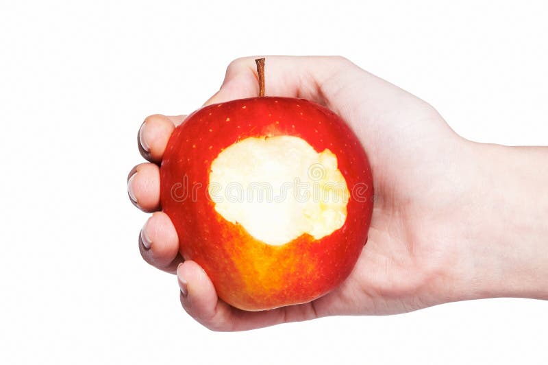 Bitten Red Apple in Man S Hand Isolated on White Stock Photo - Image of ...