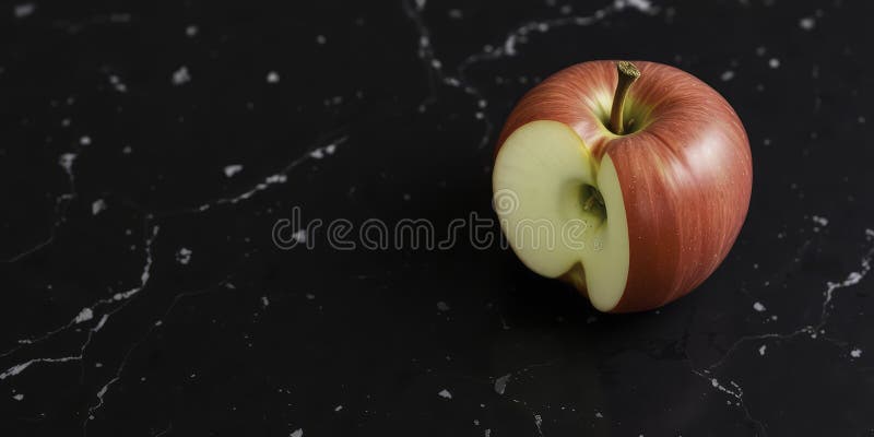 Bitten Red Apple Resting on Black Granite, Showcasing Natural Elegance ...