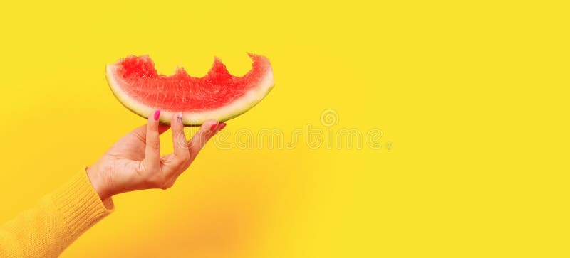Bitten Watermelon Slice in Hand Stock Image - Image of healthy, diet ...
