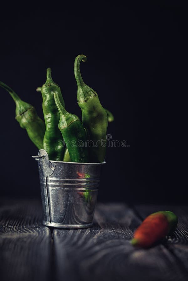 Bitter Green Pepper in Cold Tones. Green Pepper in a Small Bucket ...