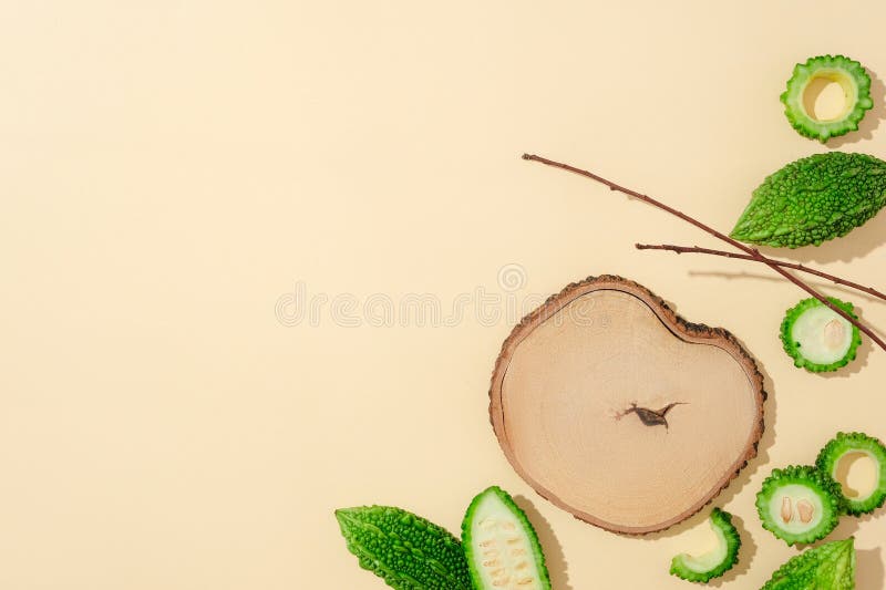 Bitter Melon Slices, a Log and Dry Branches are Decorated in the Right ...