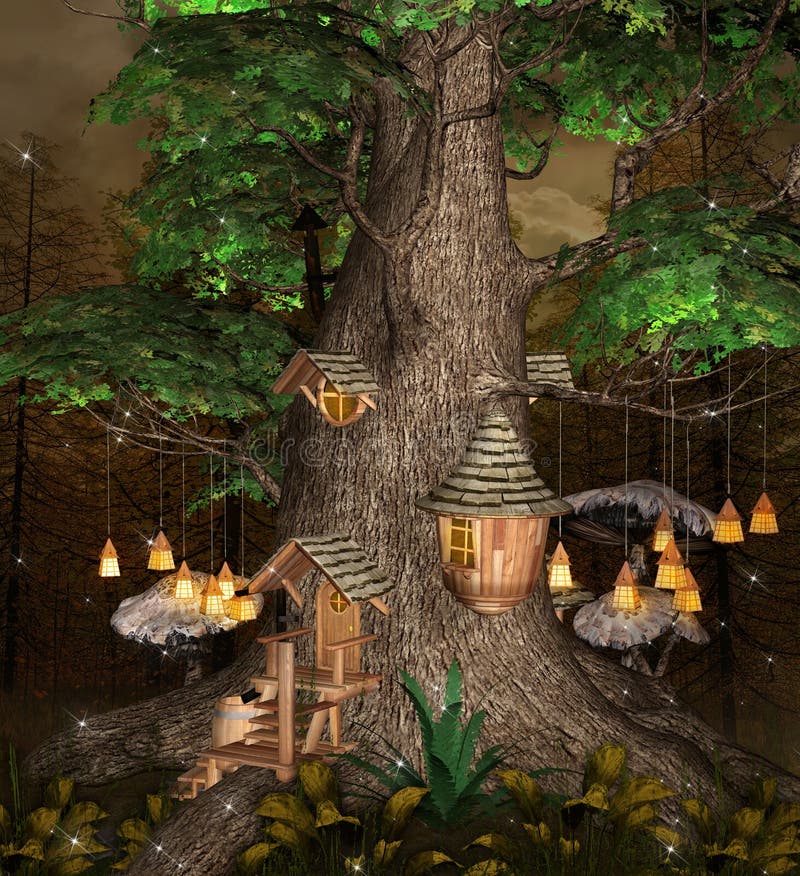 Bizarre Elf Village Inside an Enchanted Tree Stock Illustration ...