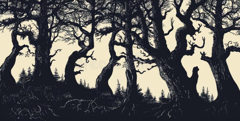 A Bizarre Forest with Trees Twisting in Eerie Stock Illustration ...