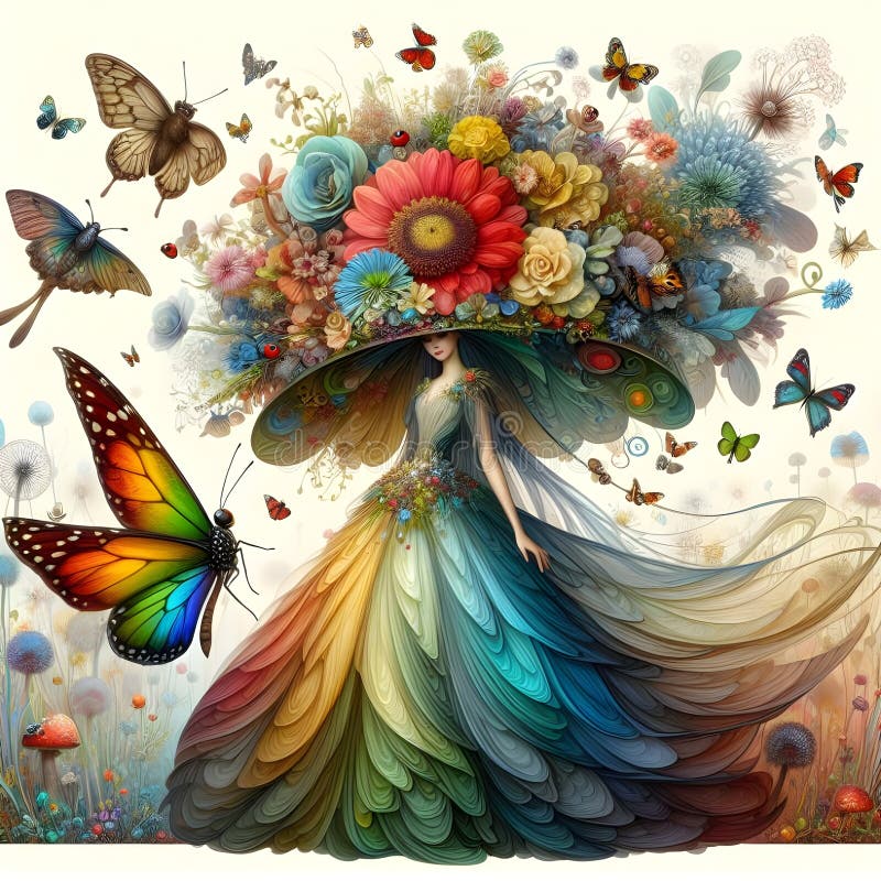A Bizarre Image with a Female Pixie Wearing a Very Large Flower Hat with Butterflies on it ...