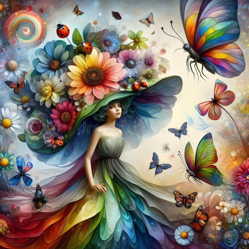 A Bizarre Image with a Female Pixie Wearing a Very Large Flower Hat with Butterflies on it ...