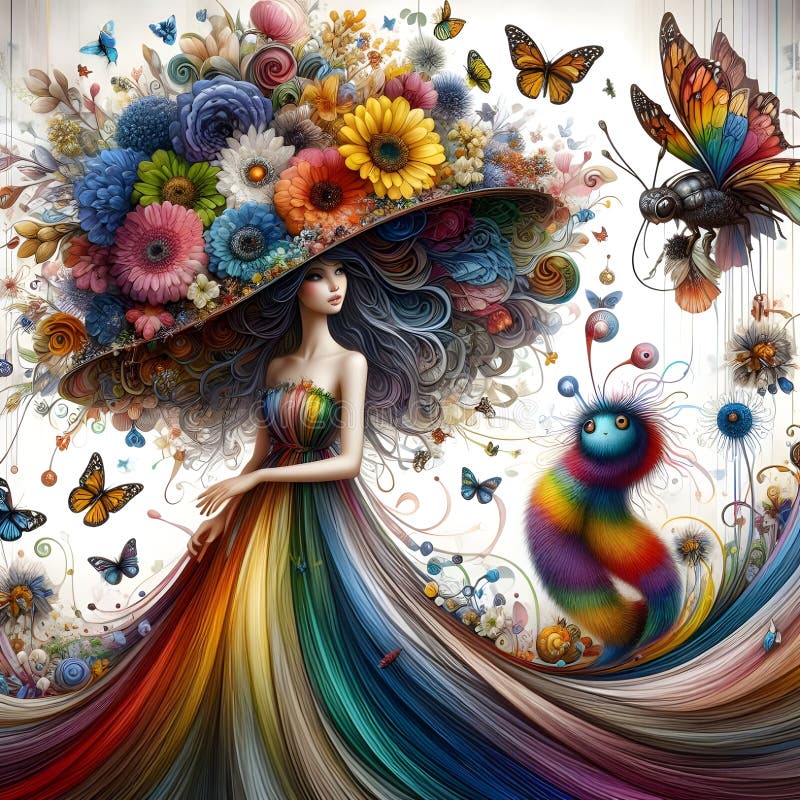 A Bizarre Image with a Female Pixie Wearing a Very Large Flower Hat with Butterflies on it ...