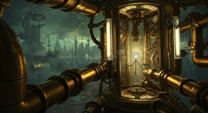 Steampunk Dreamscape with a Lone Stick Figure Standing Inside an Ornate ...