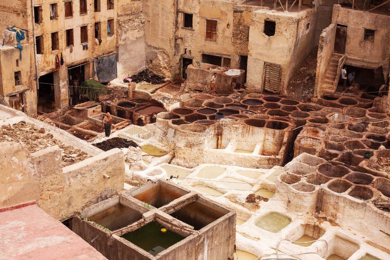 Bizarre Medieval Tannery in Fez, Morocco. Stock Image - Image of color ...