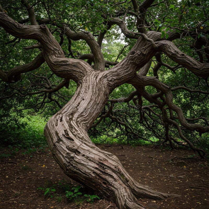 A Bizarrely Curved Tree in the Forest. Stock Image - Image of earthy ...