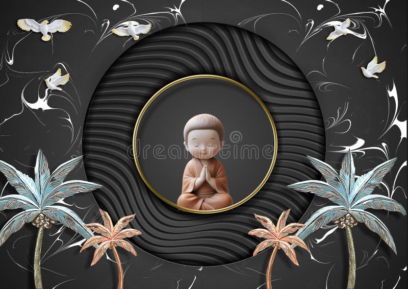 Minimalist Zen Art with Meditating Monk and Tropical Accents Stock ...