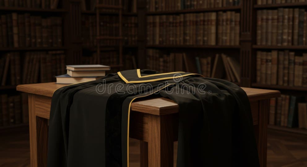 Black Academic Robe on Wooden Table in Library Stock Illustration ...