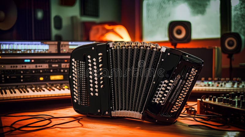 Black Accordion on Wooden Surface in Music Studio Stock Image - Image ...
