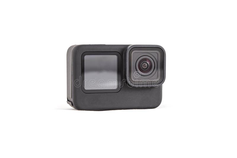 Black Action Camera with Screen. Front View, Isolated White Background ...