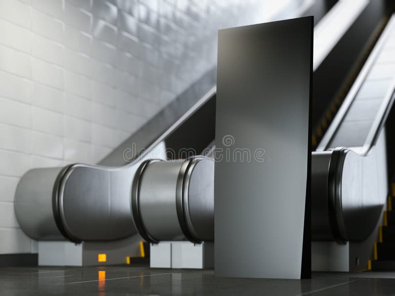 Black Advertising Stand Near Escalator. 3d Rendering Stock Image ...