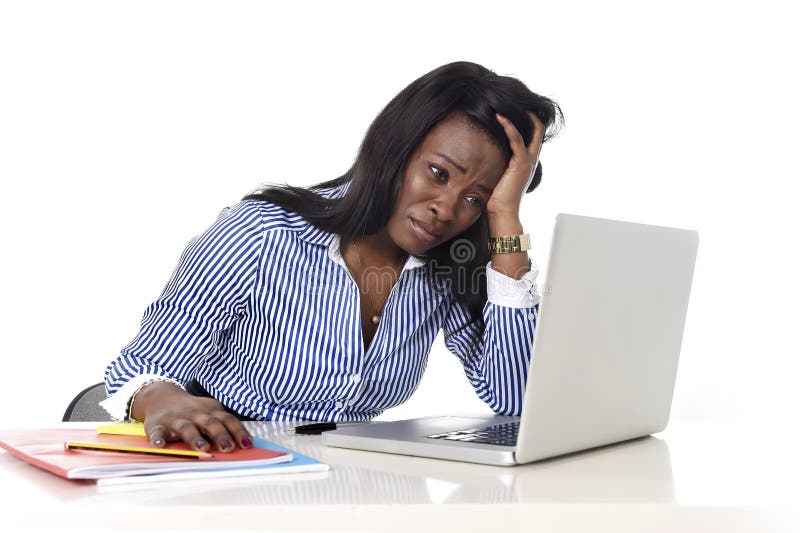 Black African American Ethnicity Frustrated Woman Working In Stress At
