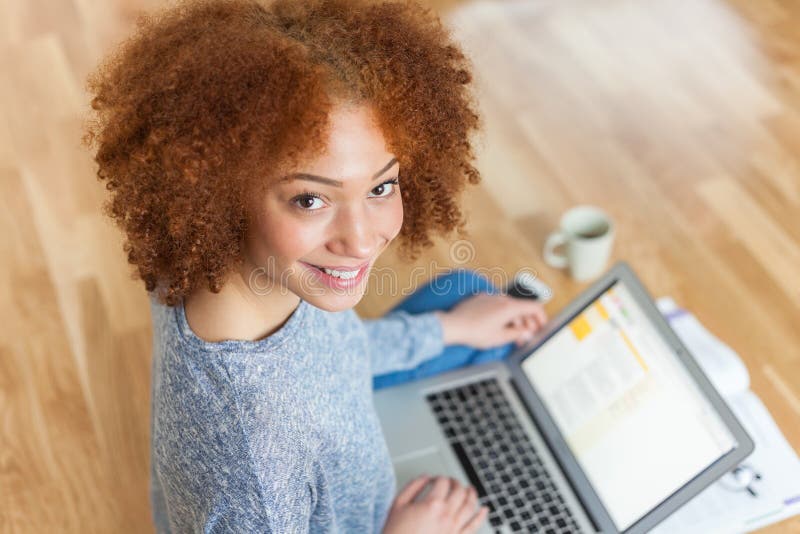 Black African American Student Girl Using a Laptop Stock Photo - Image ...