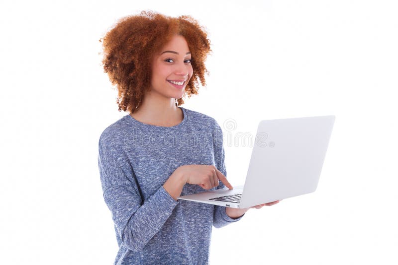 Black African American Student Girl Using a Laptop Stock Image - Image ...