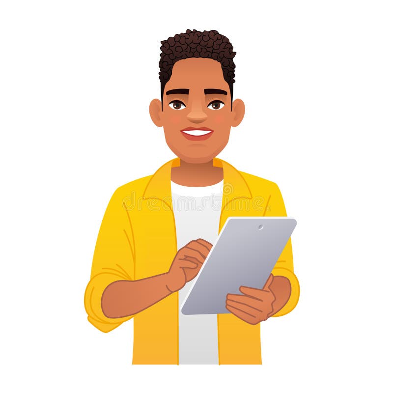Black African Guy is Holding a Tablet Computer. Internet Surfing and ...
