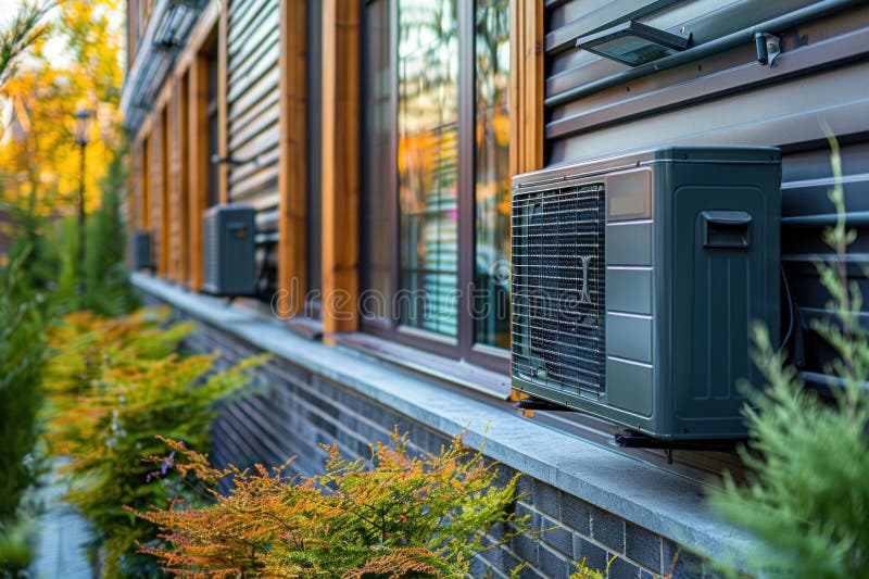 Black Air Conditioner Unit Mounted on the Brown Brick Wall of a ...