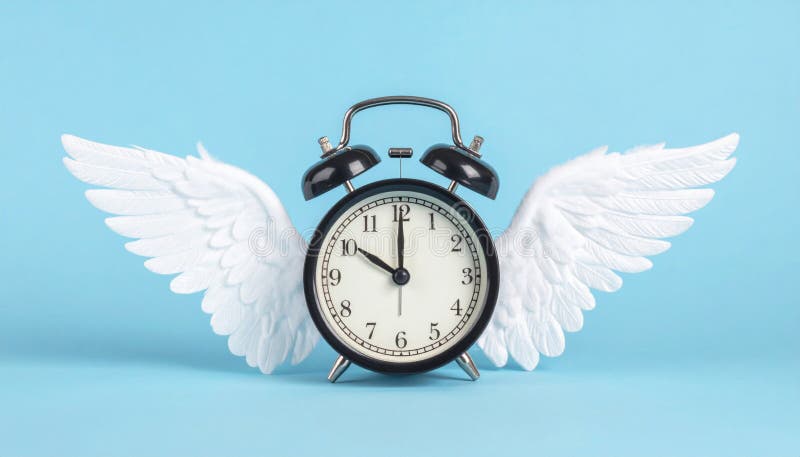 Black Alarm Clock with White Angel Wings on Blue Background Stock ...