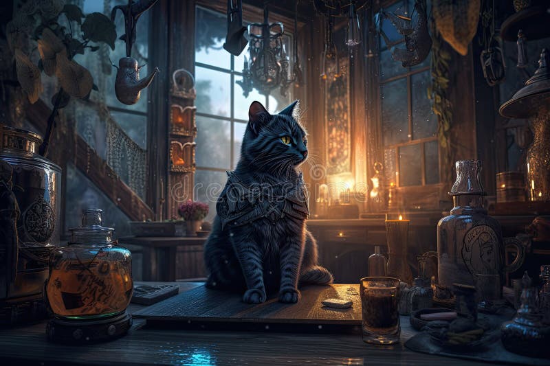 Black alchemy cat stock illustration. Illustration of halloween - 285602354