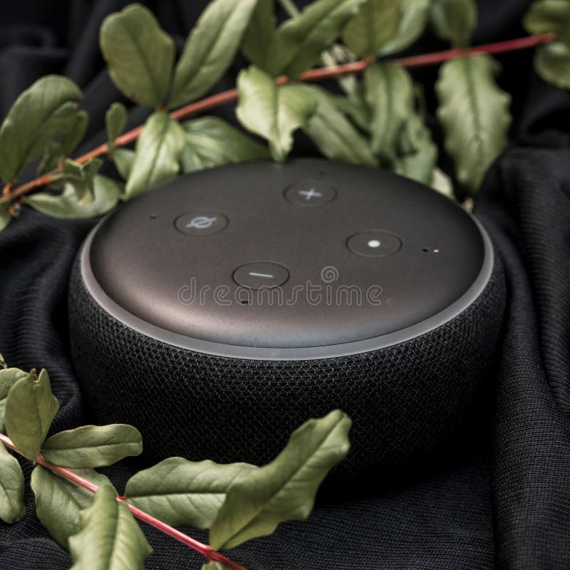 Black Amazon Echo Dot with Alexa Assistant Isolated on a Black ...