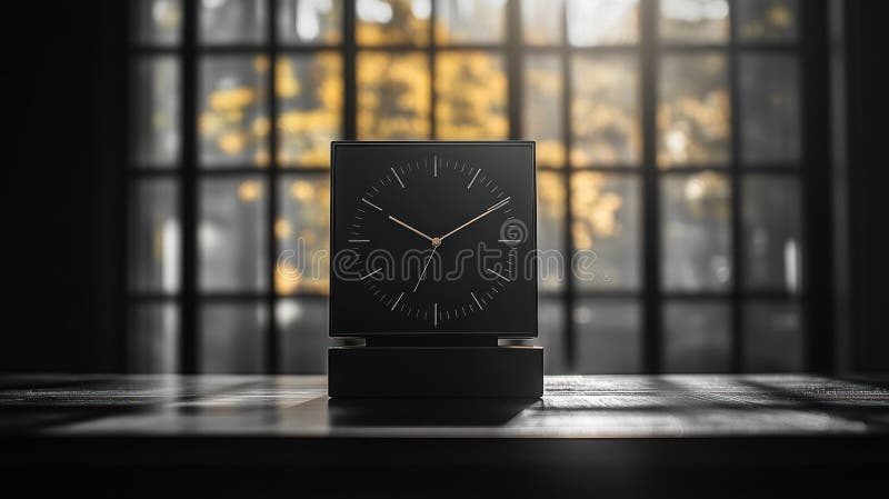 A Black Analog Clock on a Wooden Table with a Blurred Window and ...