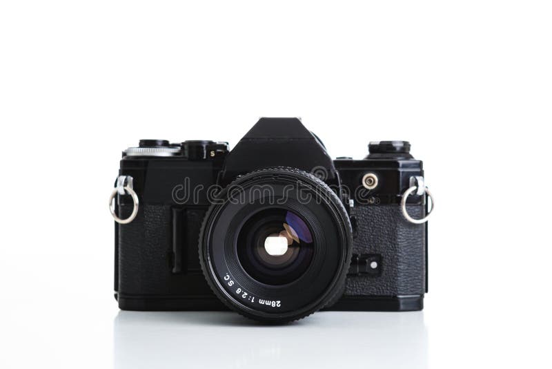 Black Analogue Camera. Front View. Isolated White Background. Space for ...