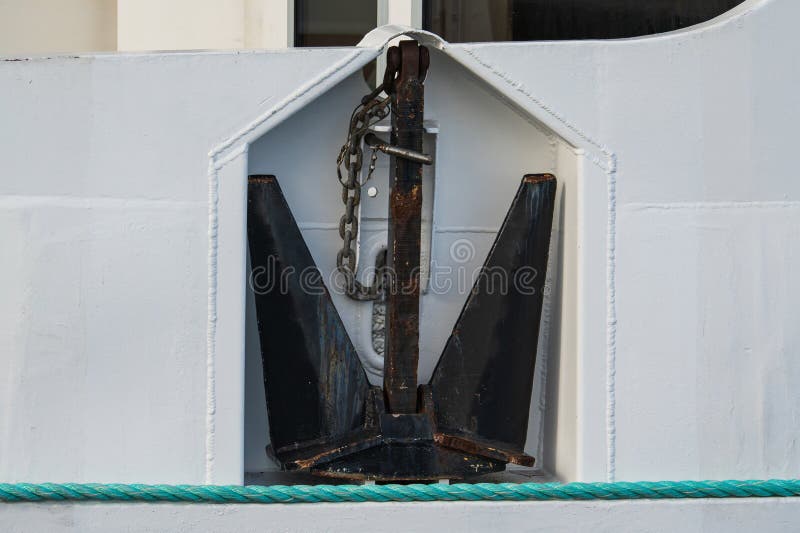Black Anchor Secured on the White Side of the Vessel, a Thick Turquoise ...