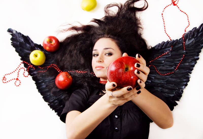 Dark Angel Girl with a Red Apple and Rose Stock Photo - Image of ...