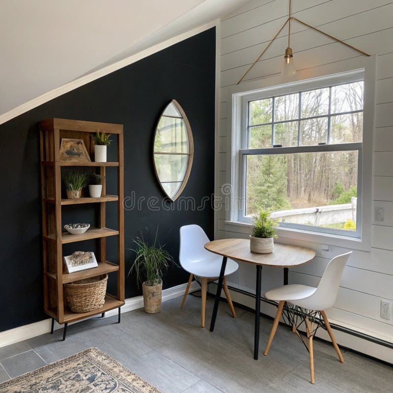 Black Angled Wall with Full-size Window and Modern Decor Stock ...