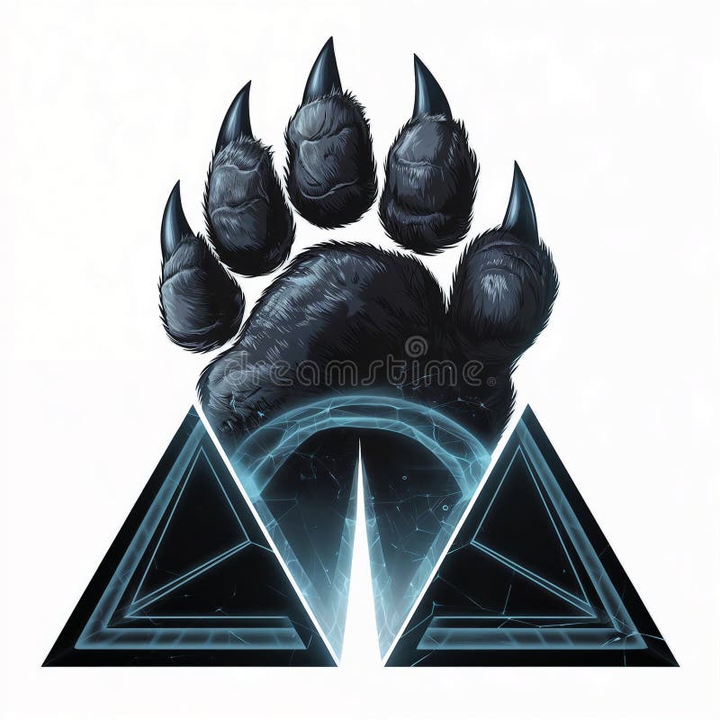 Black Animal Paw Print with Claws Above Glowing Blue Triangles Stock ...