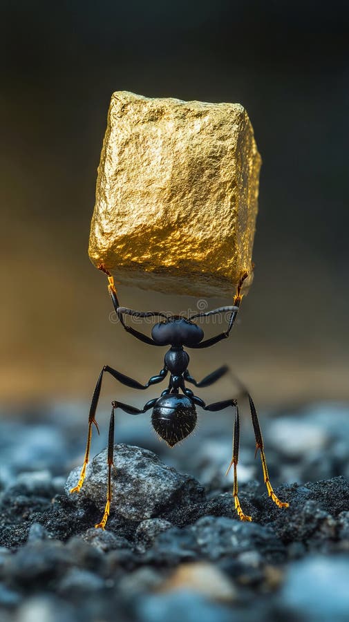 A Black Ant Carrying a Gold Cube on Its Back Stock Photo - Image of ...