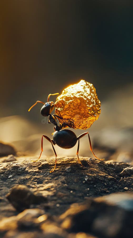 A Black Ant Carrying a Piece of Gold on Its Back Stock Image - Image of ...