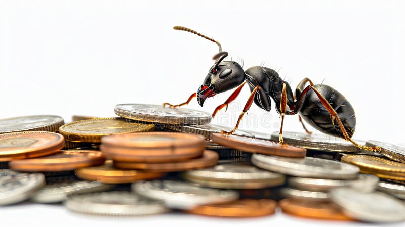 A Black Ant is Standing on Top of a Pile of Coins Stock Photo - Image ...