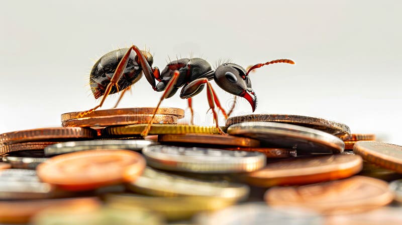 A Black Ant Standing on Top of a Pile of Coins Stock Image - Image of ...