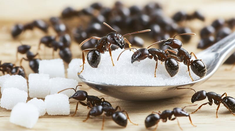 Black Ants Gather Around a Spoonful of Sugar Cubes Stock Photo - Image ...